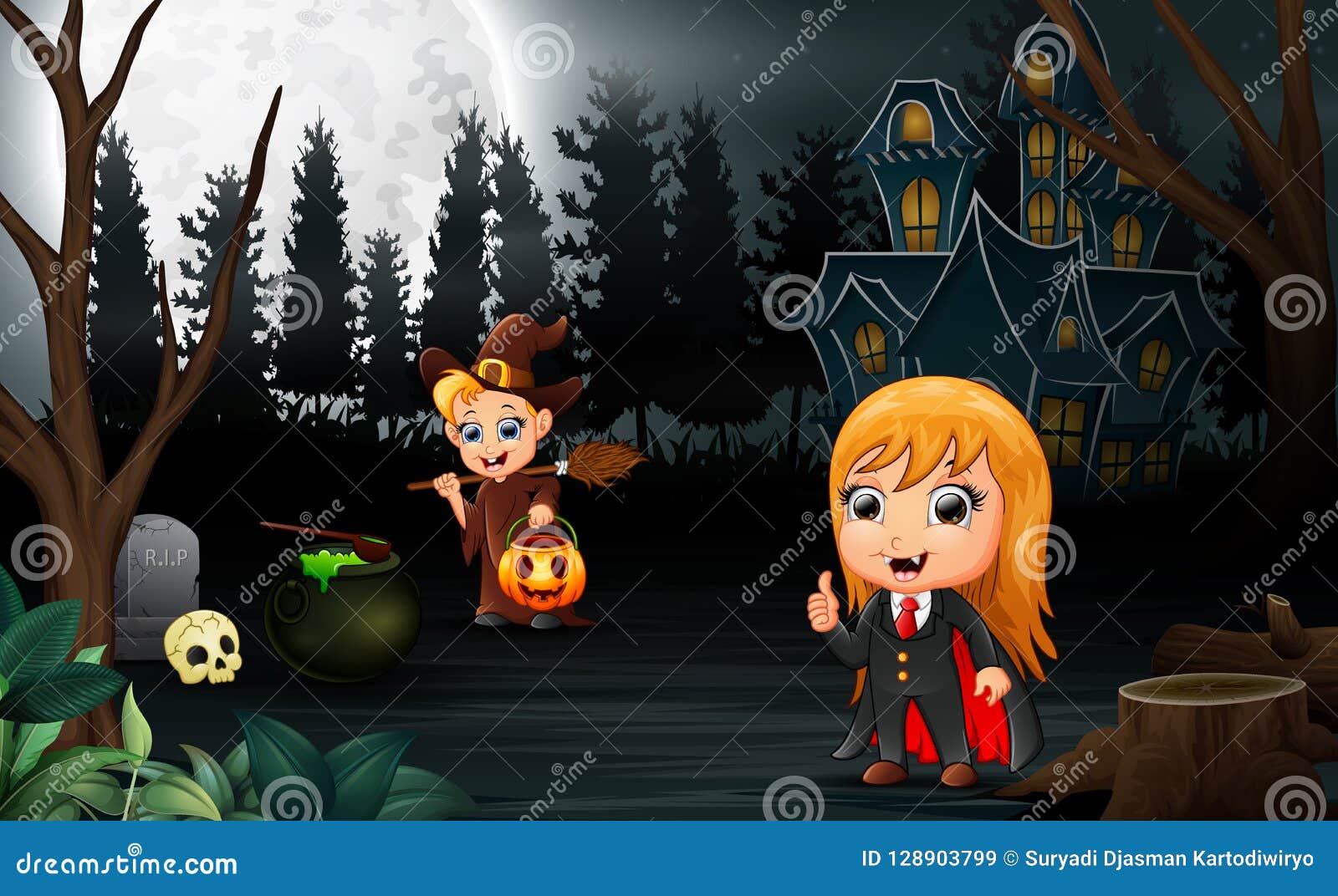 Happy Halloween with Vampire and Witch Cartoon Stock Vector ...