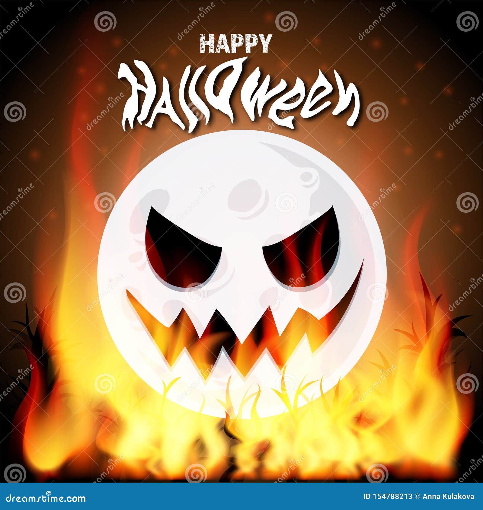 Happy Halooween Vector Illustration With Scary Smiling Moon On Orange Night Sky With Spooky