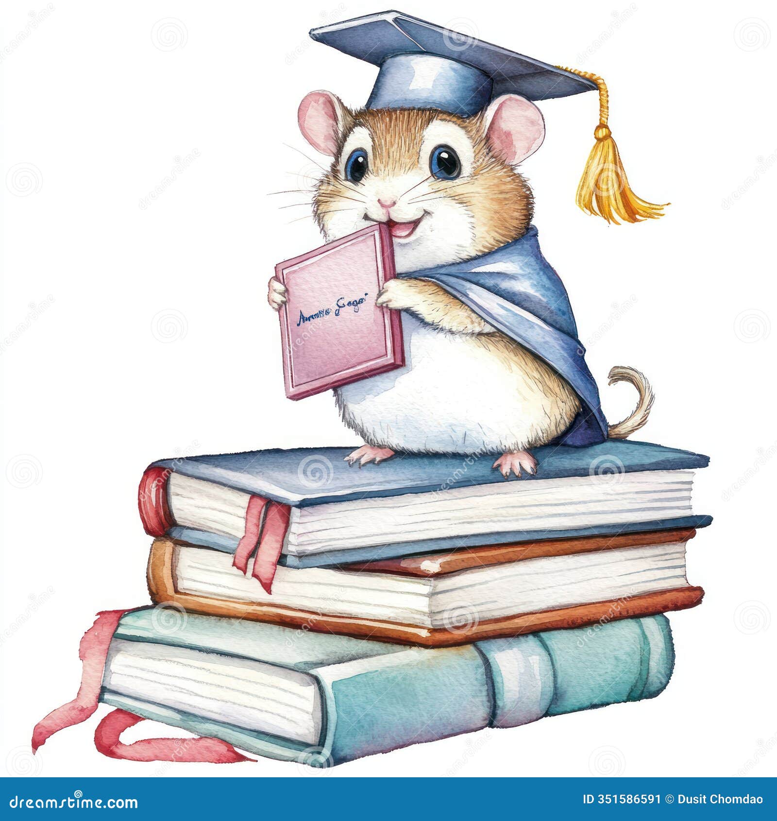 Happy Hamster in Graduation Cap Holding Diploma on Stack of Books ...