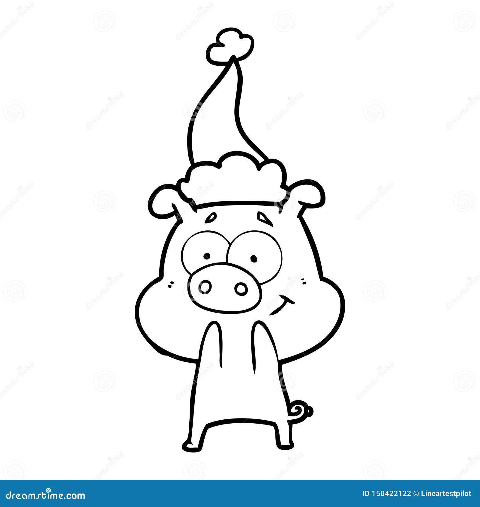 Happy Hand Drawn Line Drawing of a Pig Wearing Santa Hat Stock Vector ...