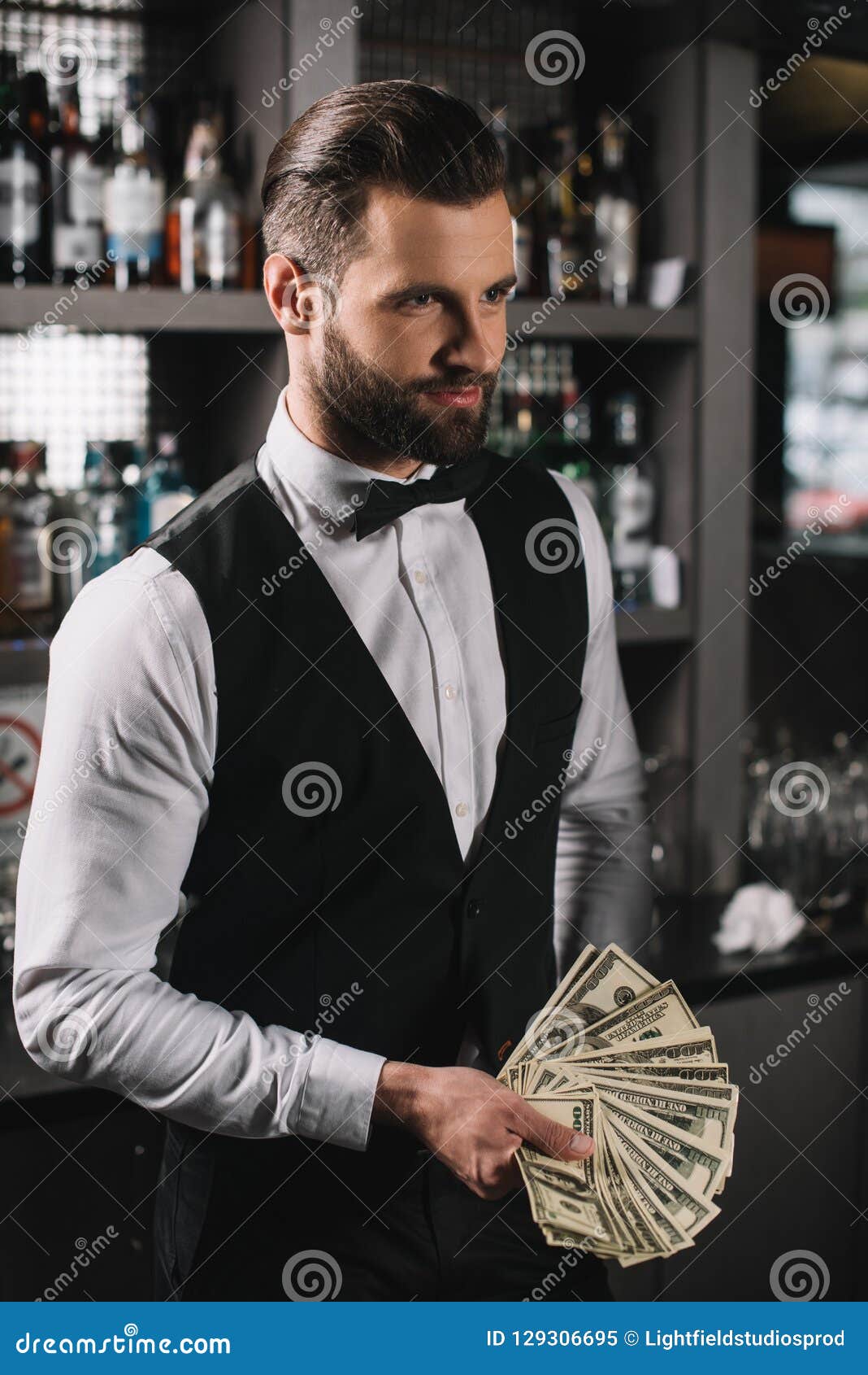 Happy Handsome Bartender Holding Tips Stock Image - Image of ...