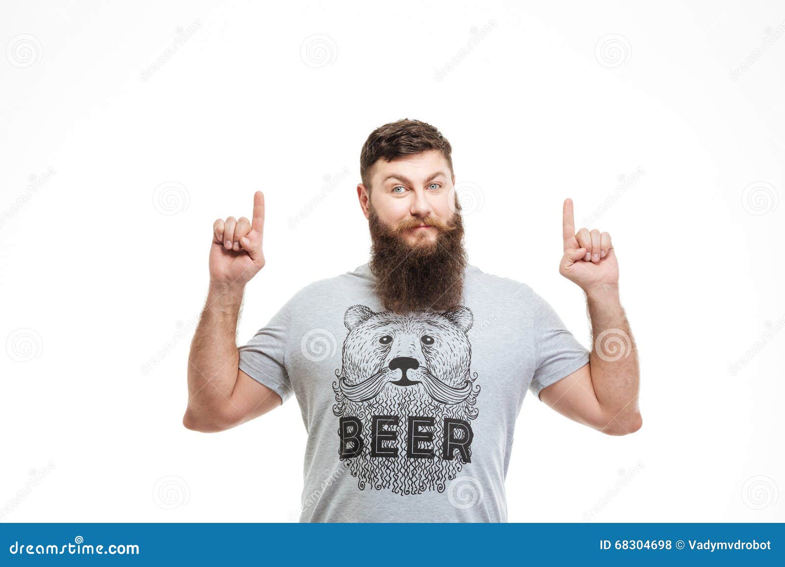 Happy Handsome Bearded Man Pionting Up with Both Hands Stock Photo ...