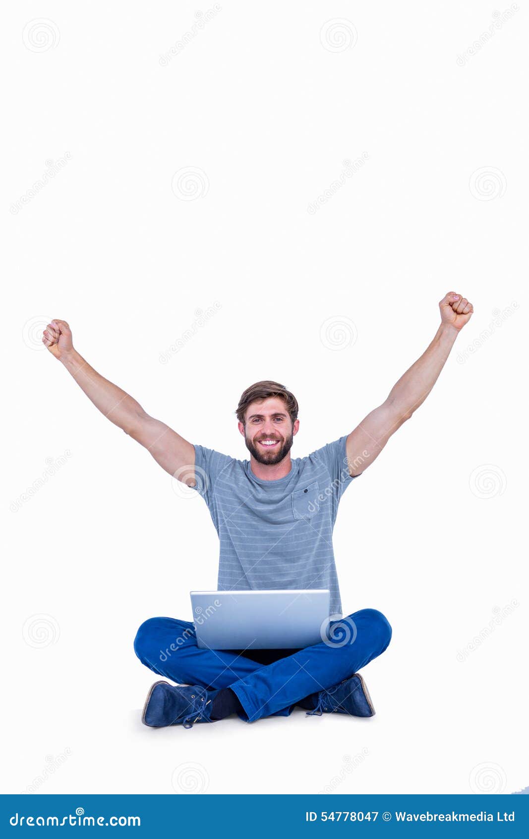 Happy Handsome Man Cheering Behind His Computer Stock Image - Image of ...