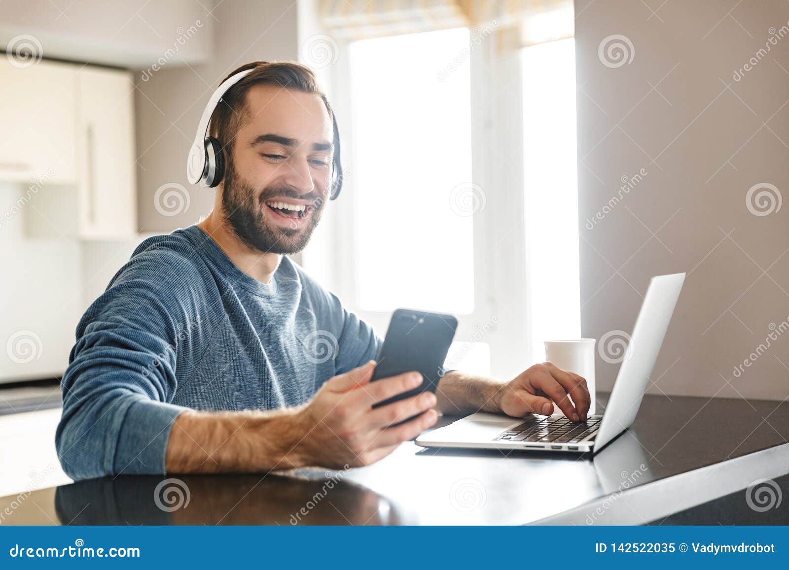 Happy Handsome Man Freelancer Stock Image - Image of browsing ...