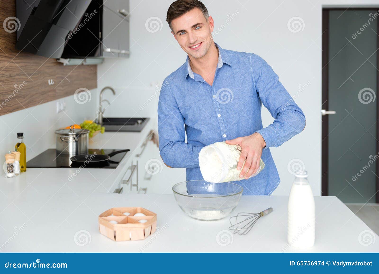 Happy Handsome Man Standing and Cooking on Kitchen Stock Photo - Image ...