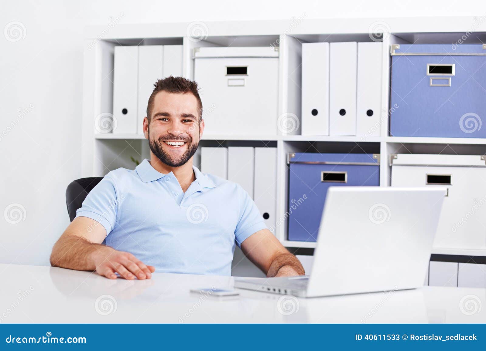 Happy Handsome Young Business Man Working Stock Image - Image of blue ...