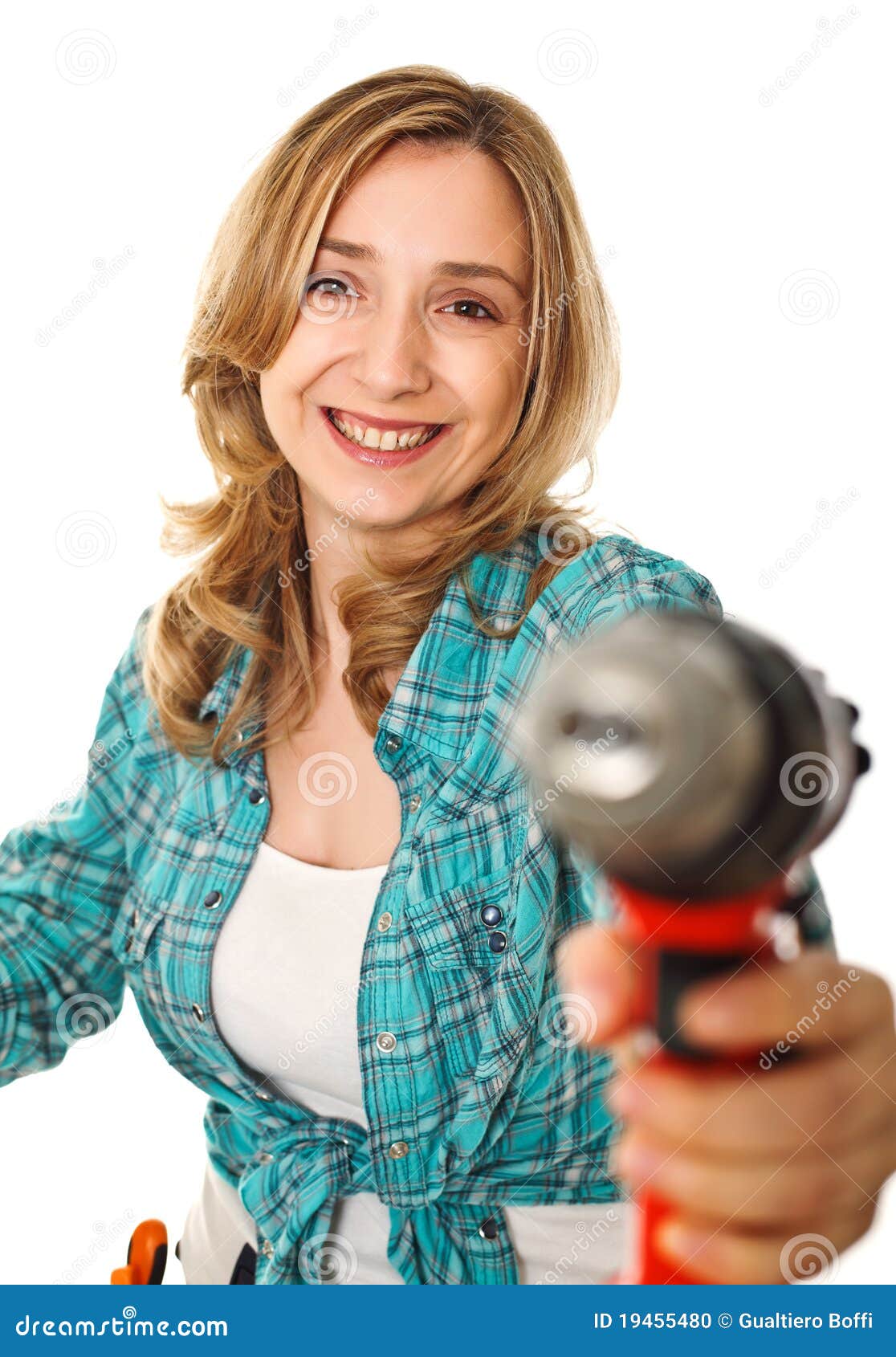 Happy handywoman stock photo. Image of detail, carpenter - 19455480