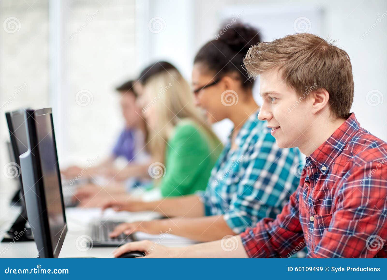 Happy High School Students in Computer Class Stock Image - Image of ...