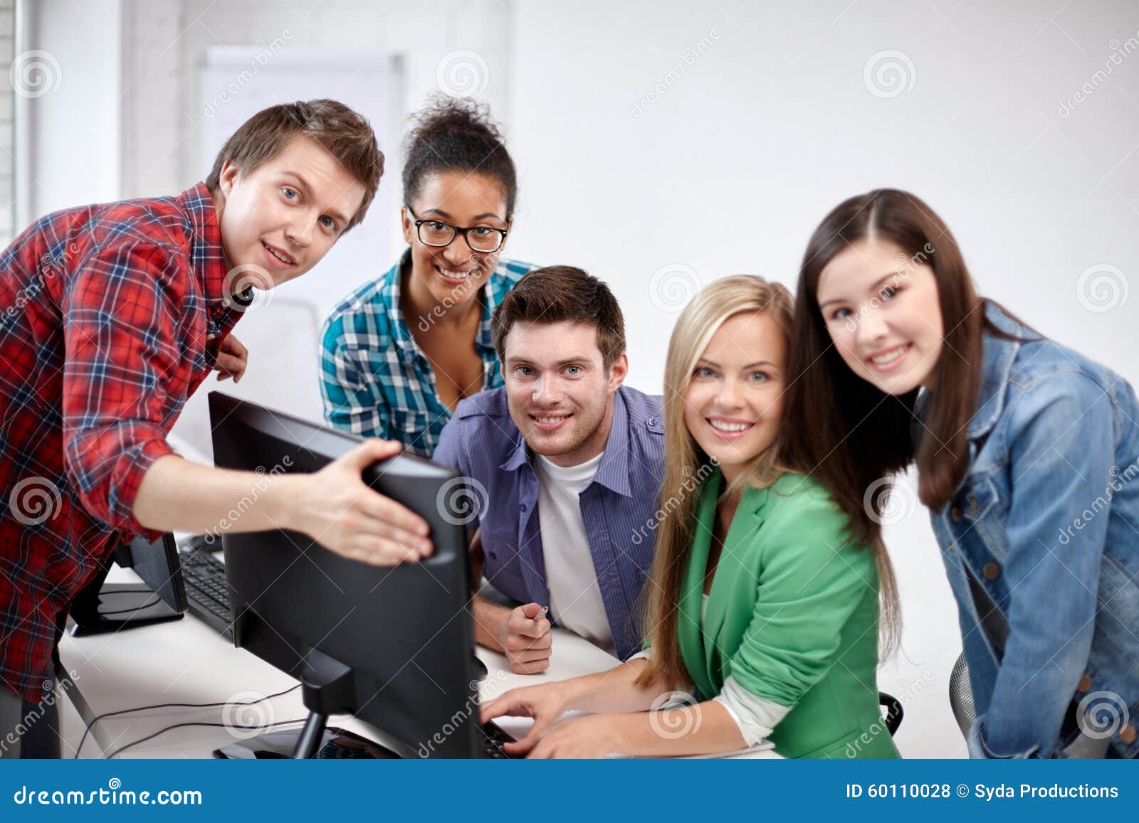 Happy High School Students in Computer Class Stock Photo - Image of ...