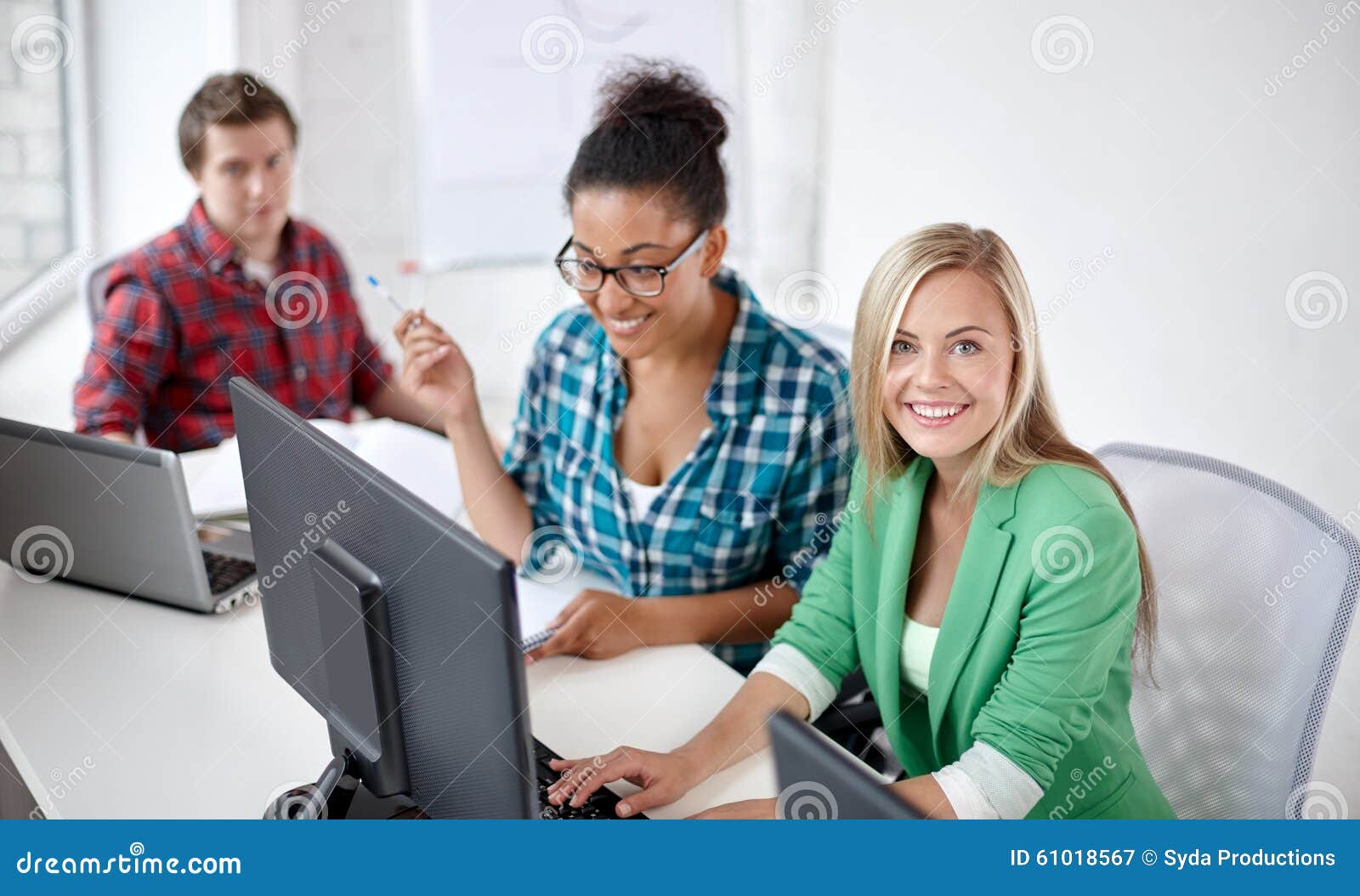 Happy High School Students in Computer Class Stock Image - Image of ...