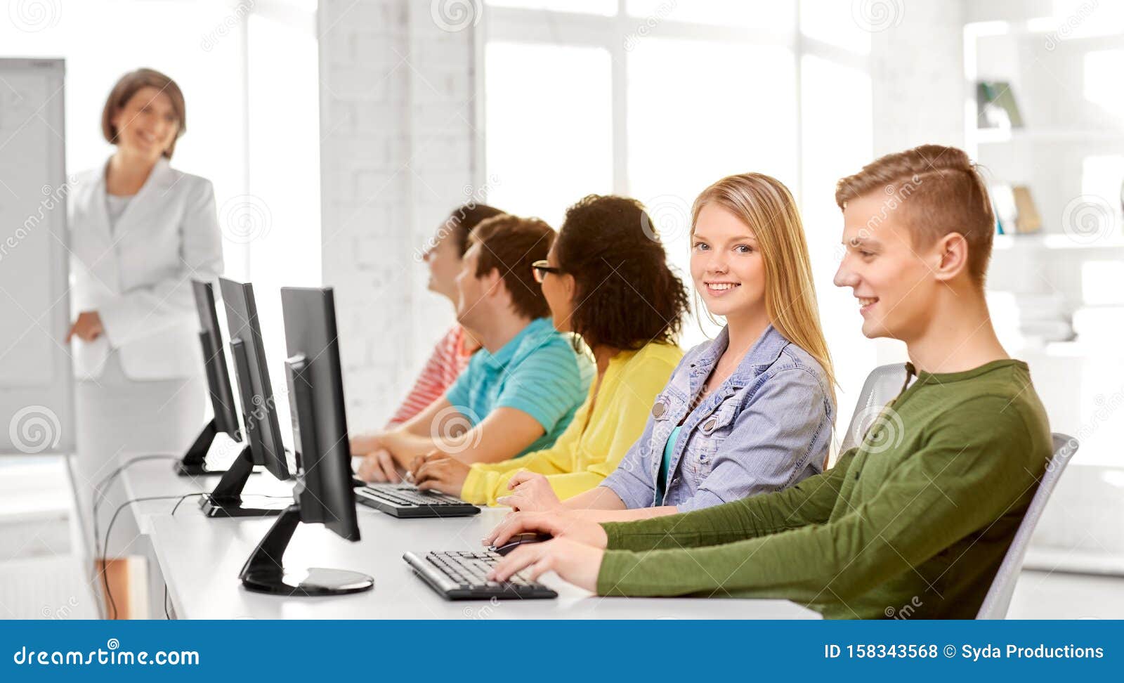 Happy High School Students in Computer Class Stock Photo - Image of ...
