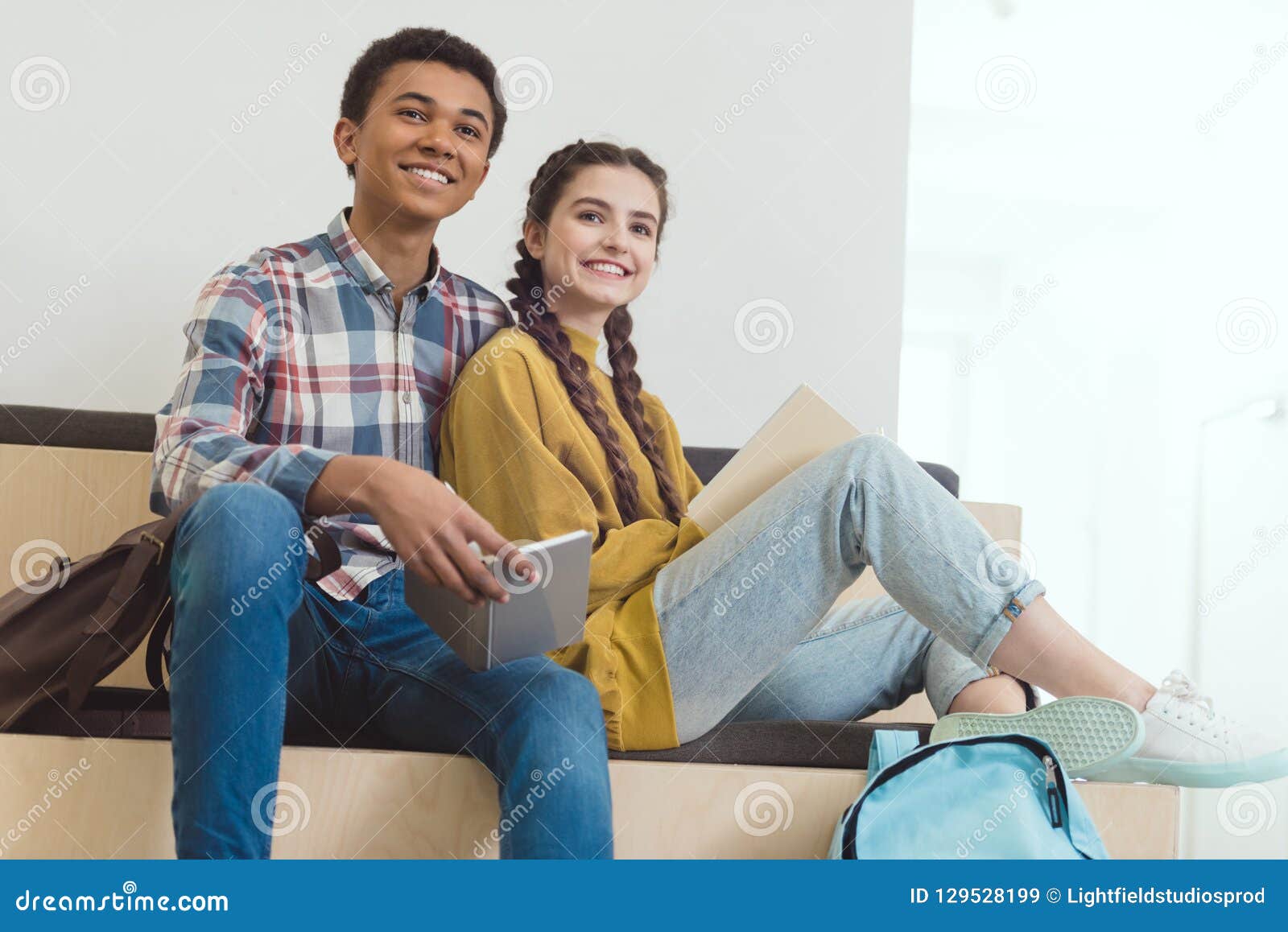 Happy High School Students Couple Doing Homework at School Stock Image ...