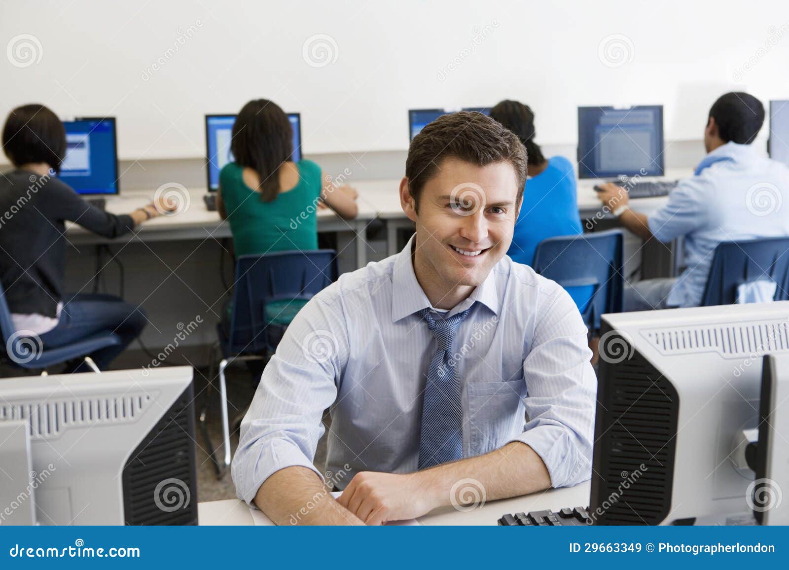 Happy High School Teacher in Computer Lab Stock Image - Image of ...