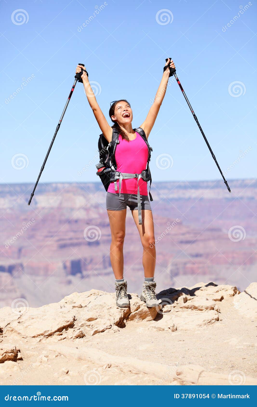 Happy Hiker by Grand Canyon Cheering Stock Photo - Image of nature ...