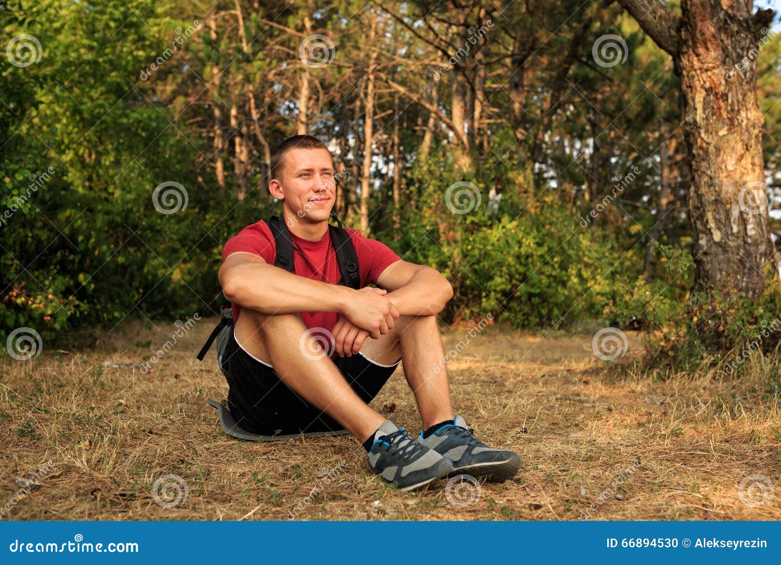Happy Hiker Man Sitting on the Ground and Looking Forward Stock Photo ...