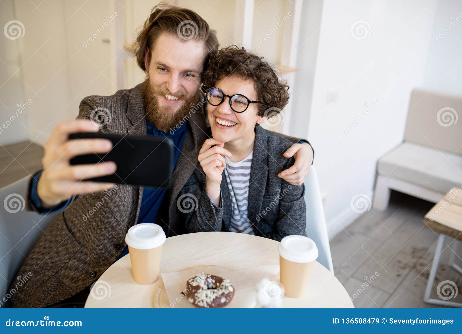 Happy Hipster Couple Taking Selfie In Cafe Stock Image Image Of