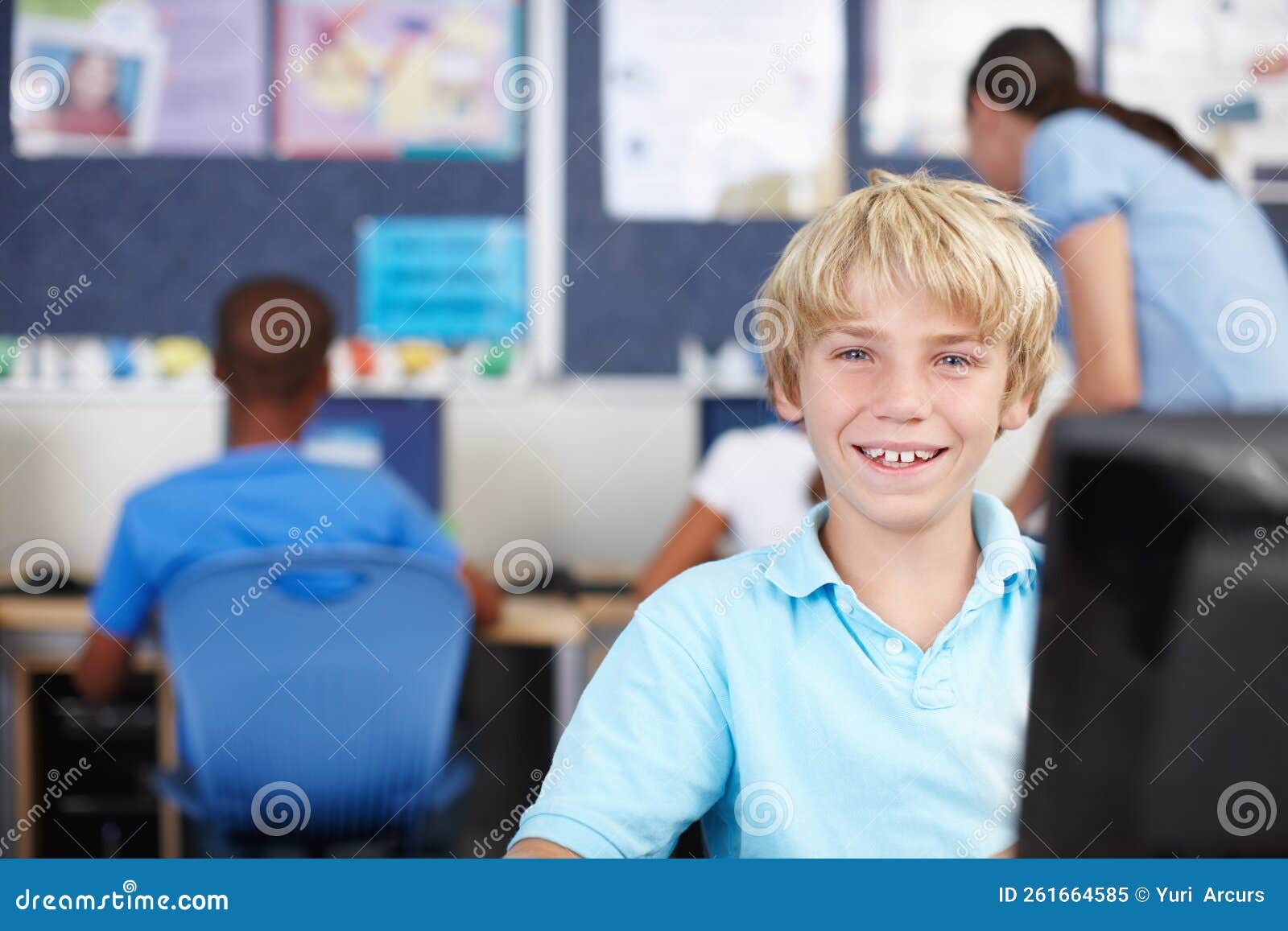Happy in His Computer Class. Portrait of a Young Schoolboy in Computer ...