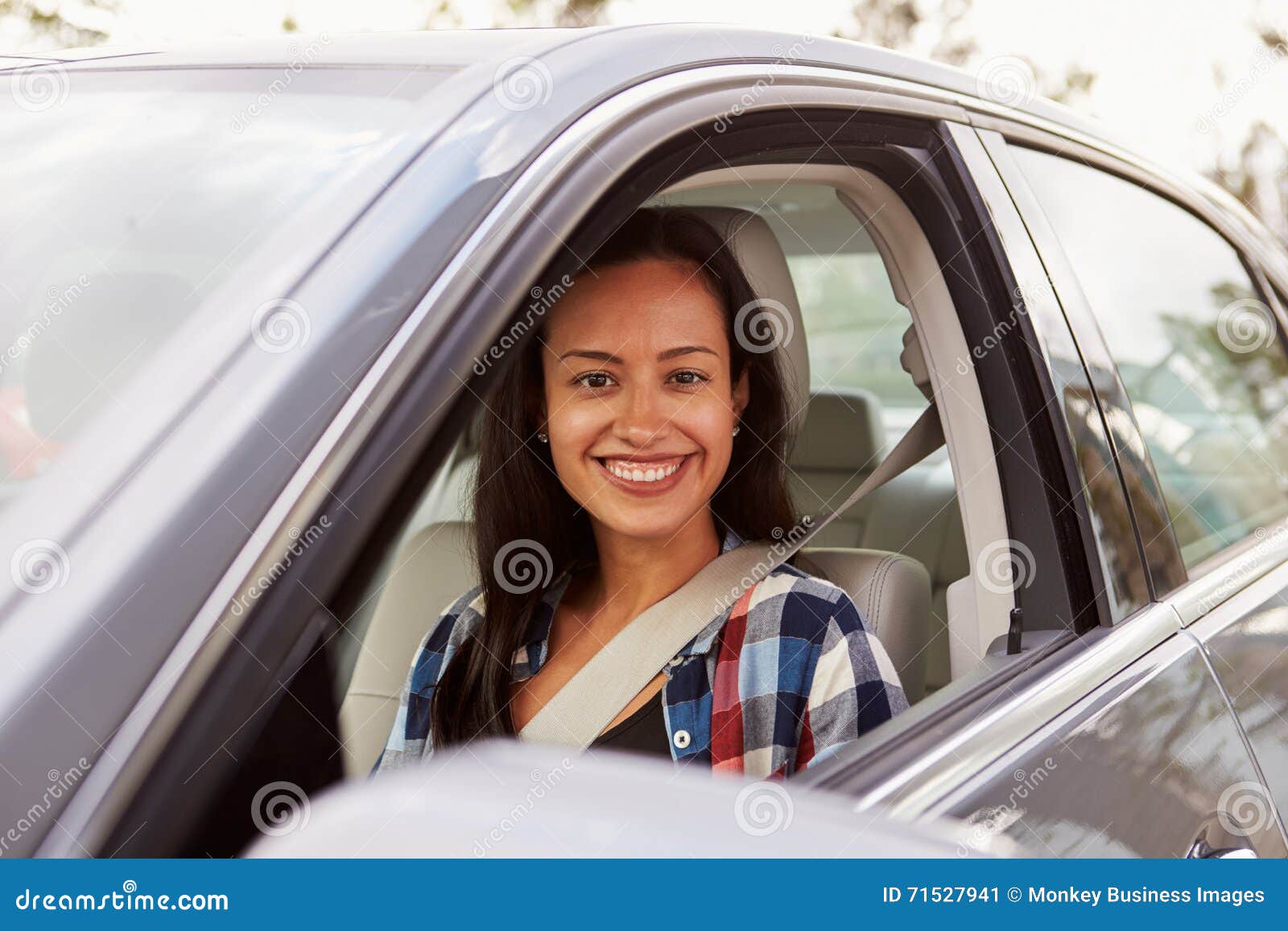 Happy Hispanic Female Driver in a Car Stock Image - Image of shoulders ...