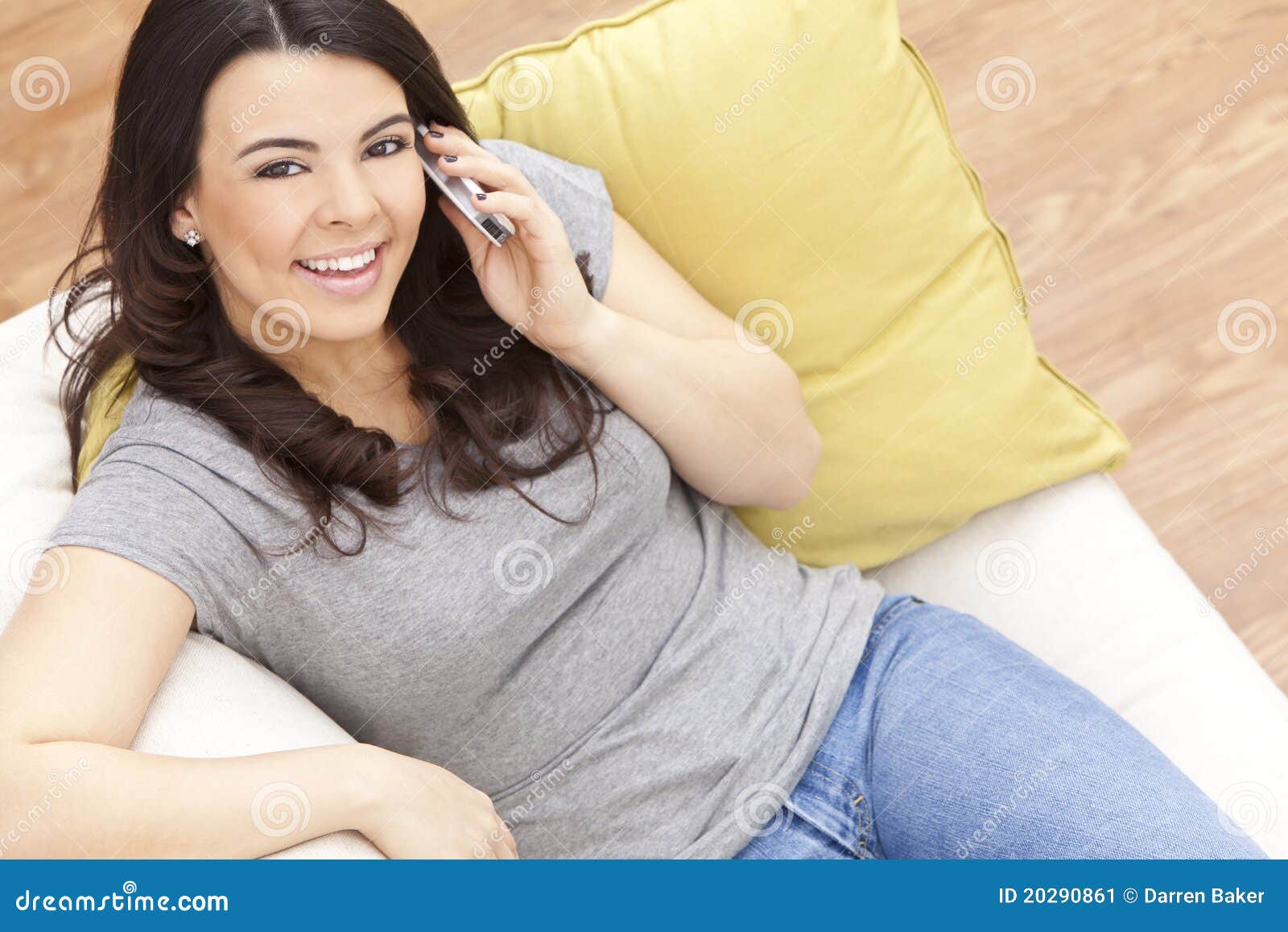Happy Hispanic Woman Using Cell Phone at Home Stock Image - Image of ...