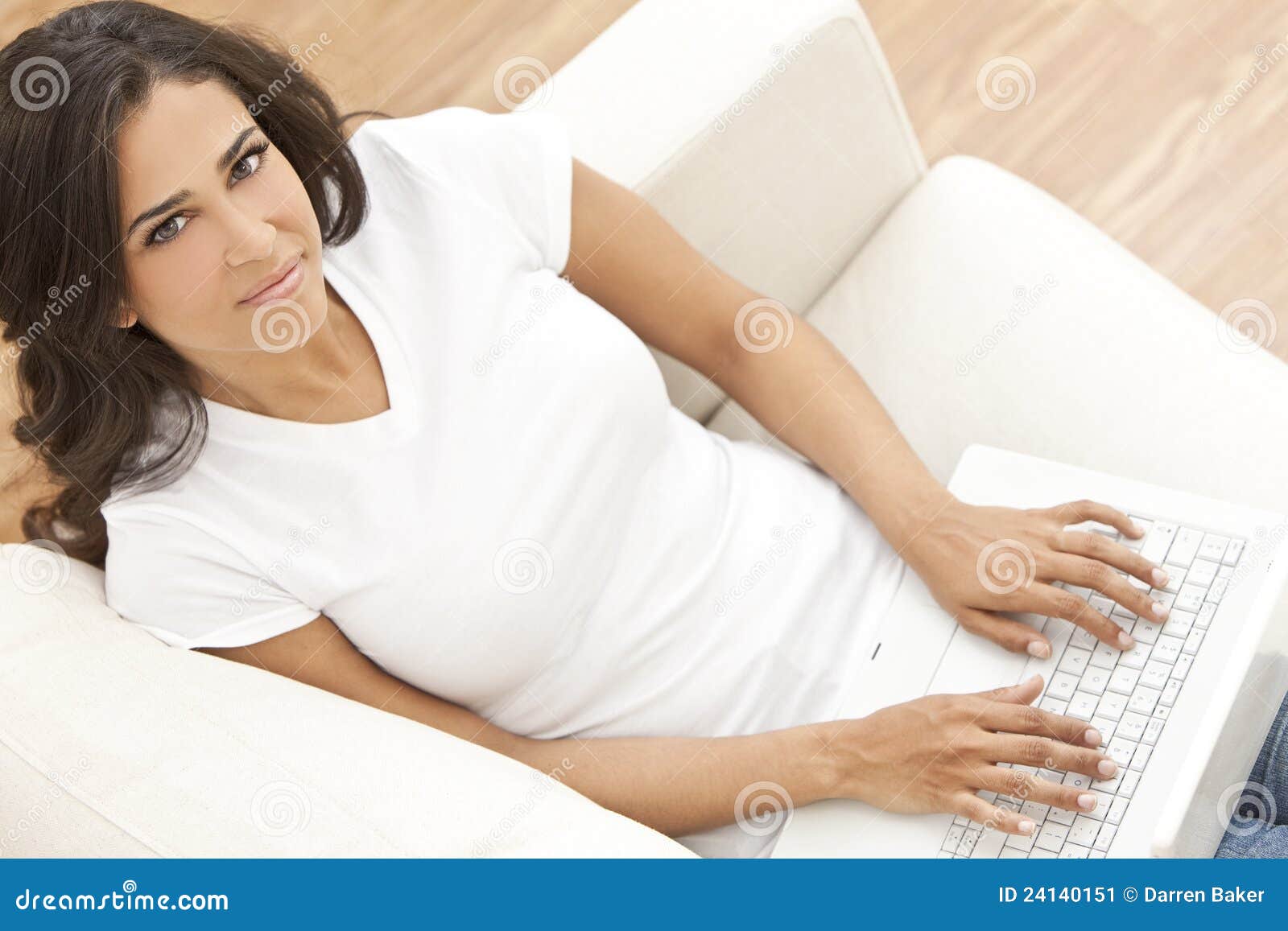 Happy Hispanic Woman Using Laptop Computer Stock Image - Image of ...