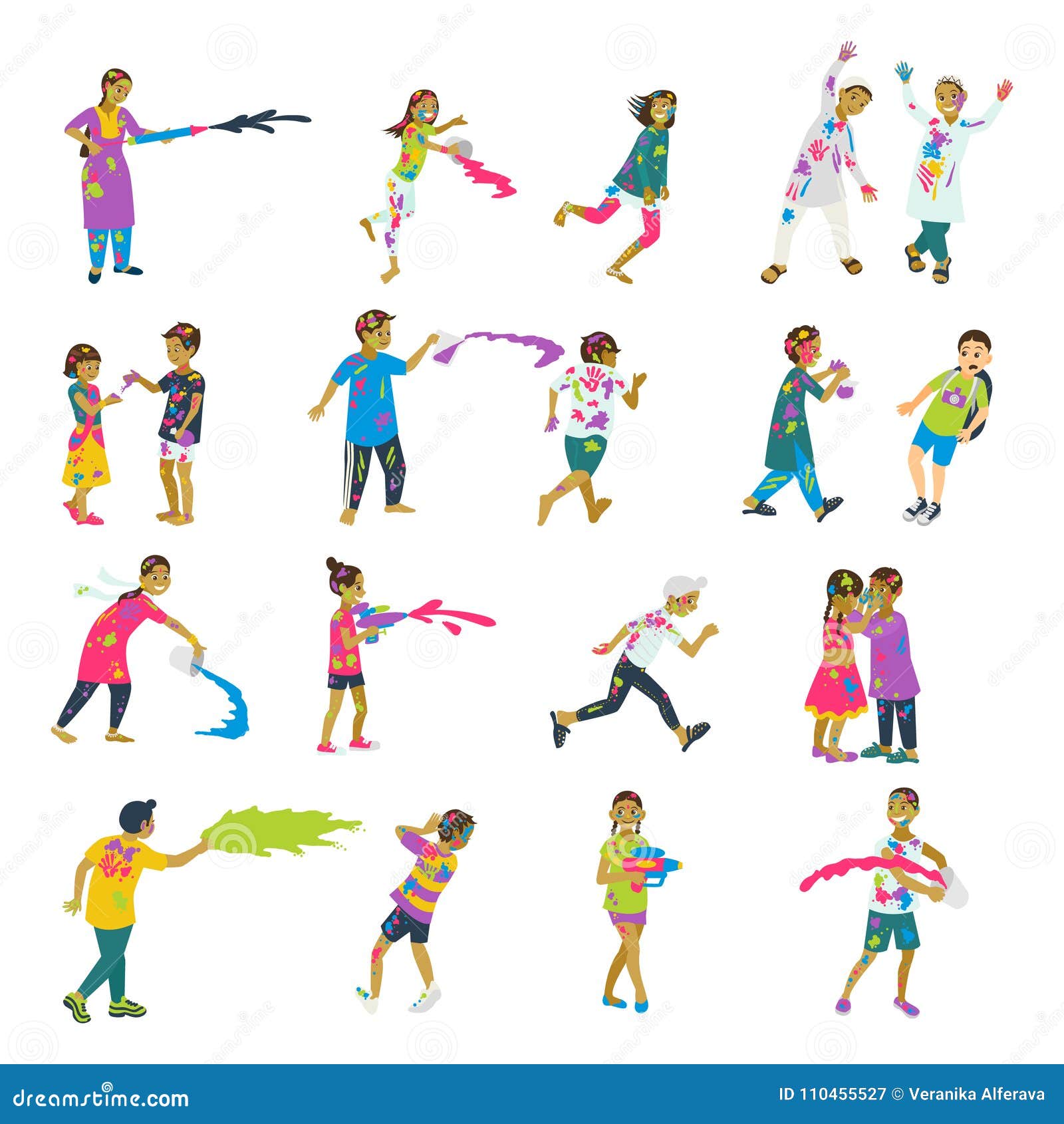 Happy Holi Set Of 20 Children Characters Playing Holi. Vector Set Of ...