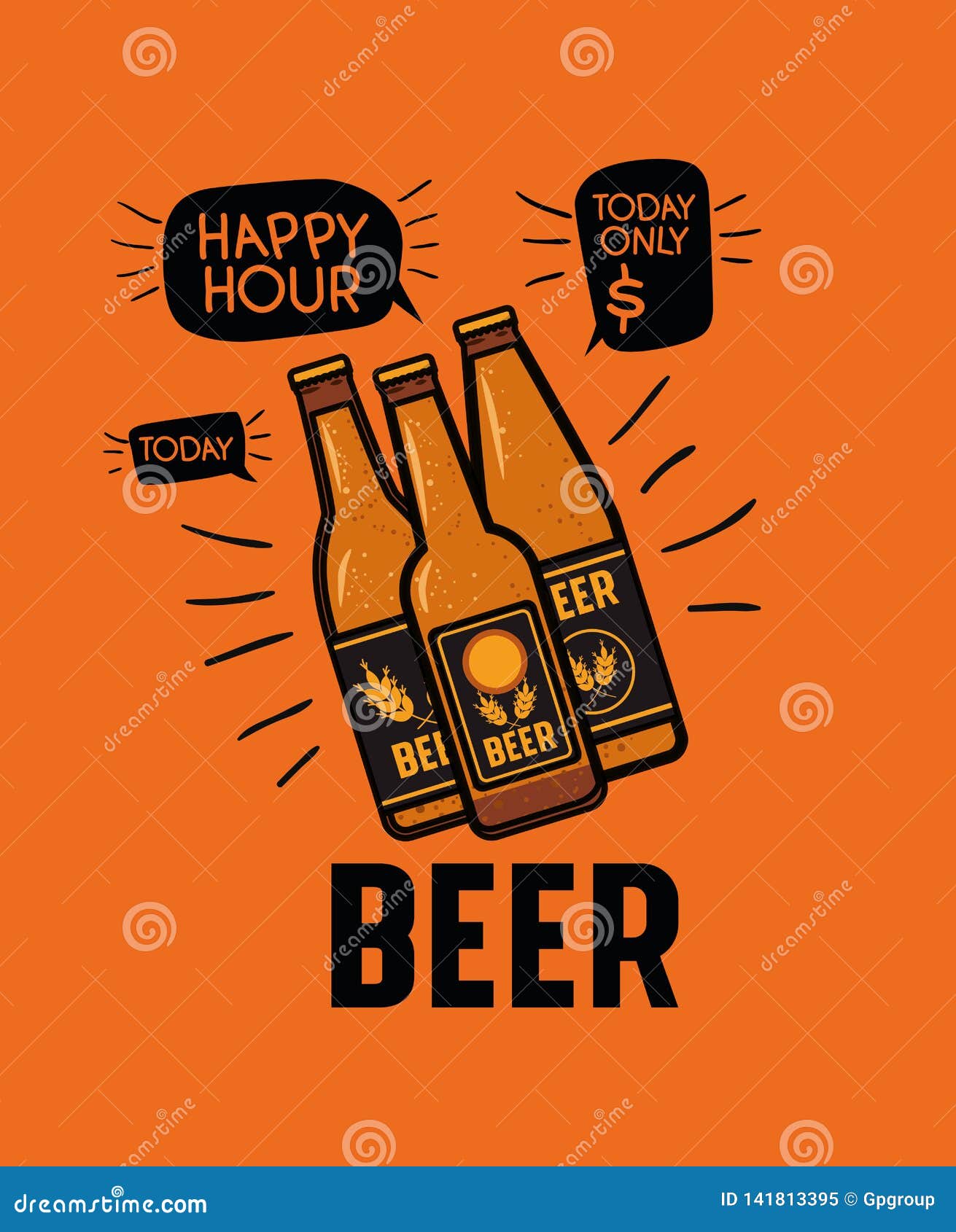 Happy Hour Beers Label with Bottles Stock Vector - Illustration of ...