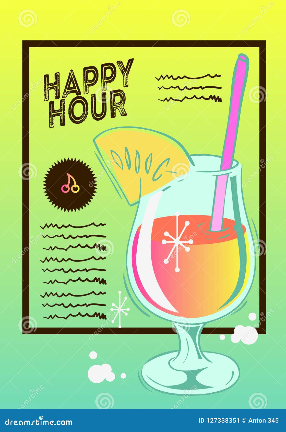 Happy Hour Poster Design with a Cocktail Glass on a Green and Yellow ...
