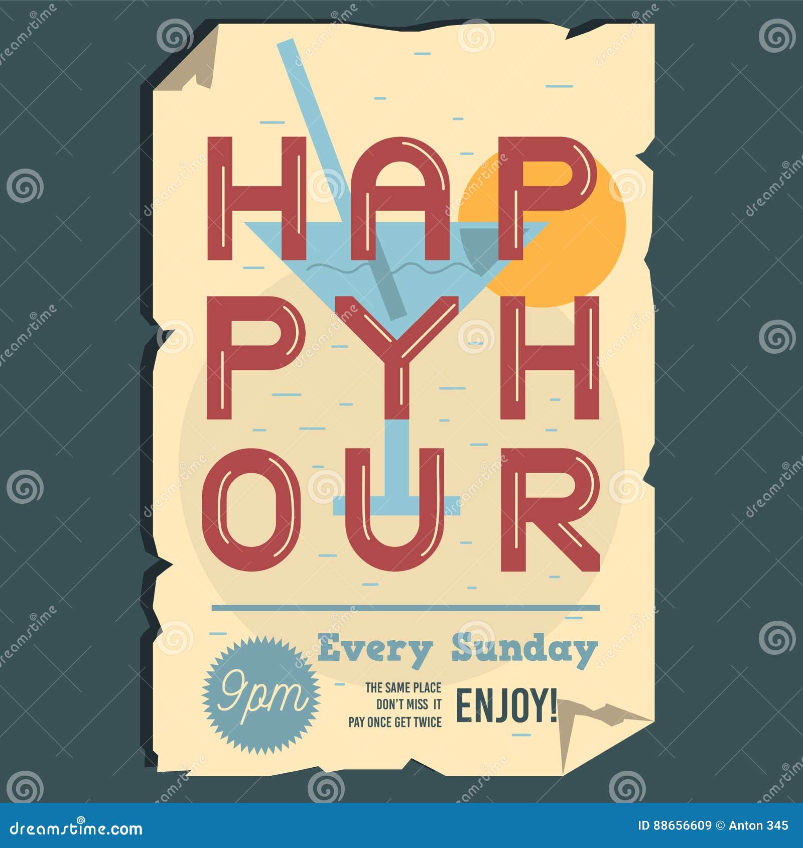 Happy Hour Typographic Poster Design with Ragged Paper Effect Stock ...