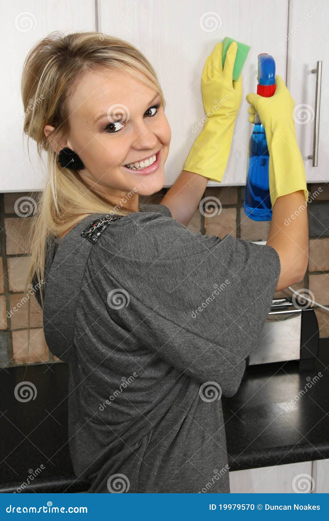 Happy Housewife Cleaning Kitchen Stock Photo - Image of gloves, wash ...
