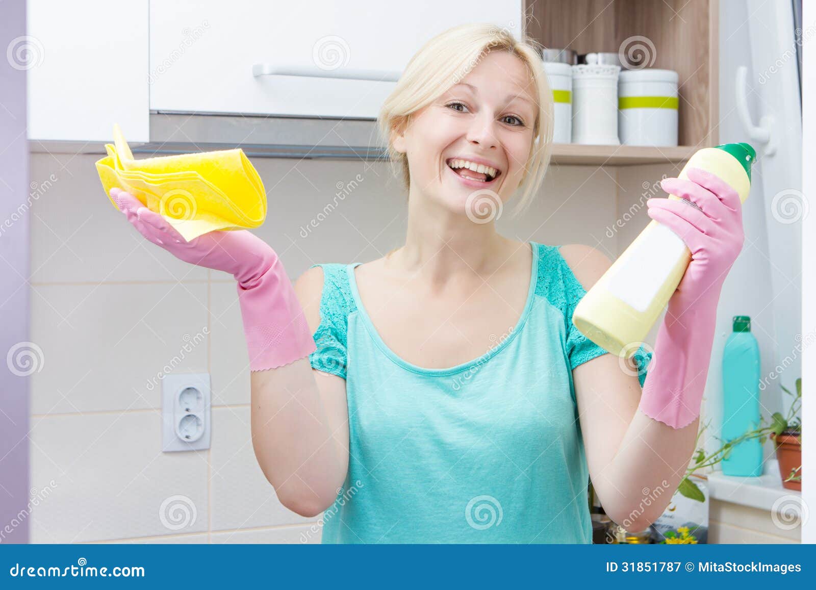 Happy Housewife Cleaning in the Kitchen Stock Image - Image of ...