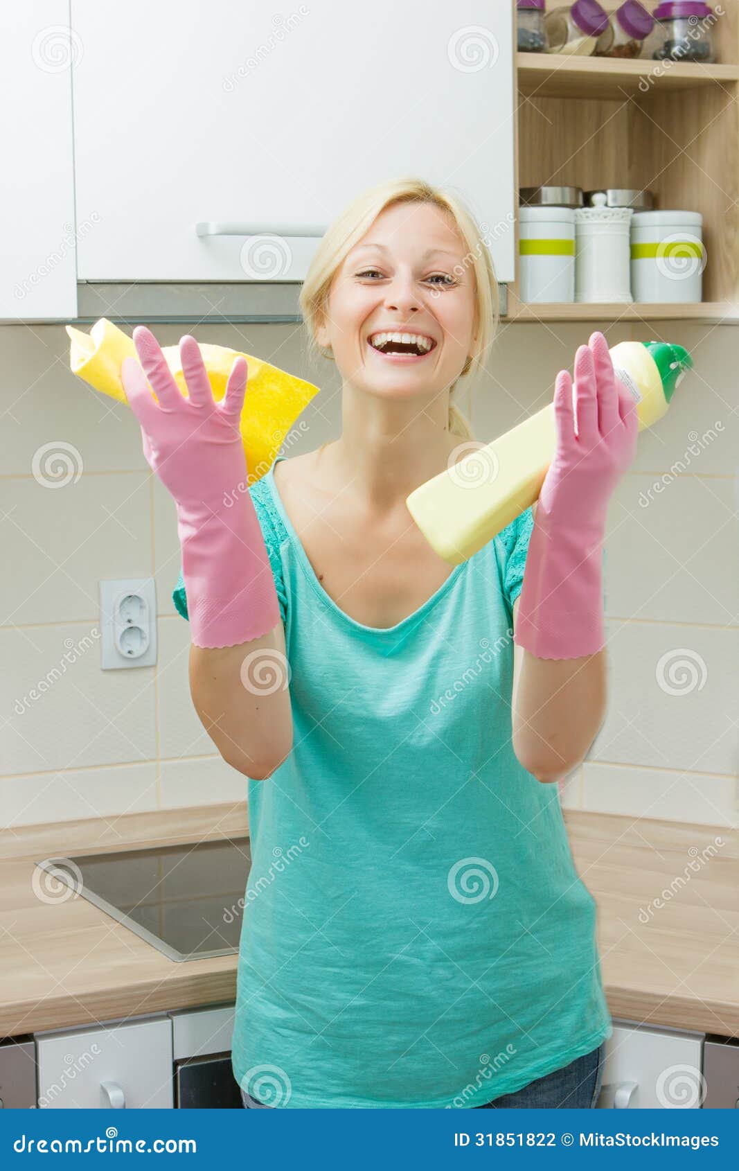 Happy Housewife Cleaning in the Kitchen Stock Photo - Image of glove ...