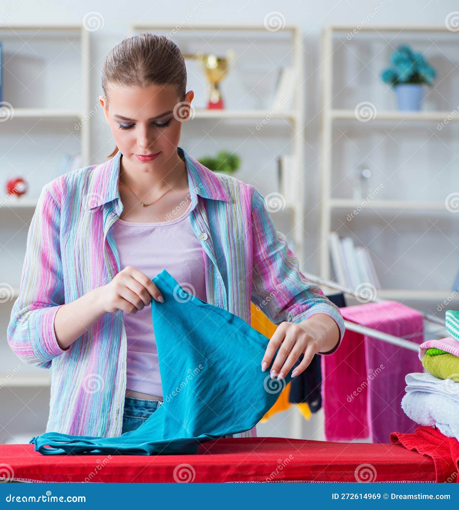 Happy Housewife Doing Ironing at Home Stock Image - Image of excited ...
