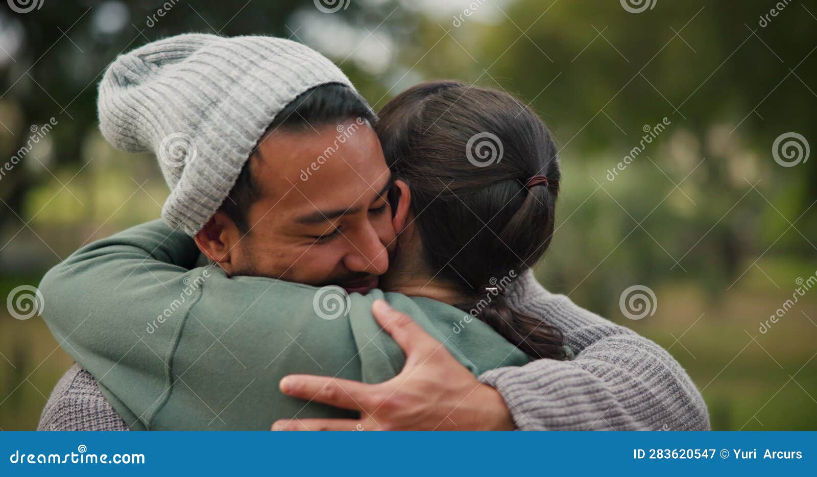 Happy Hug And Couple With Love Park And Happiness With Support