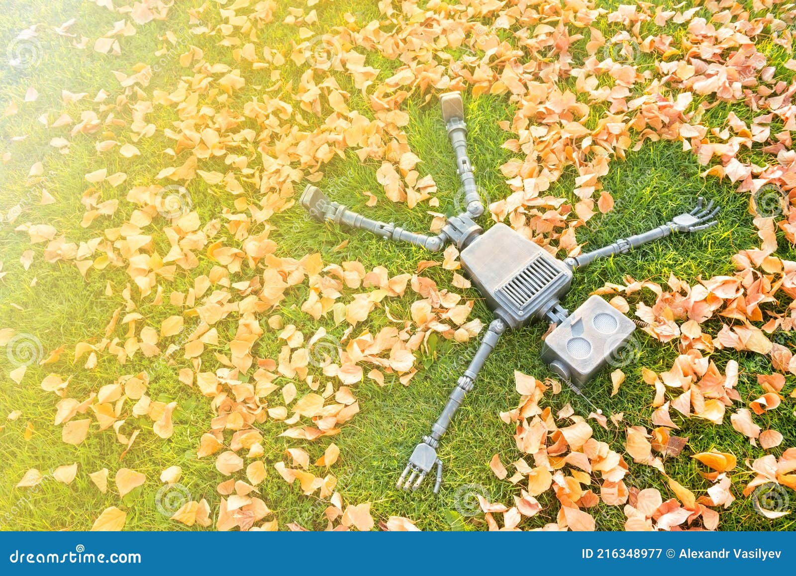 Happy Humanoid Robot Lies on the Autumn Grass Stock Image - Image of ...