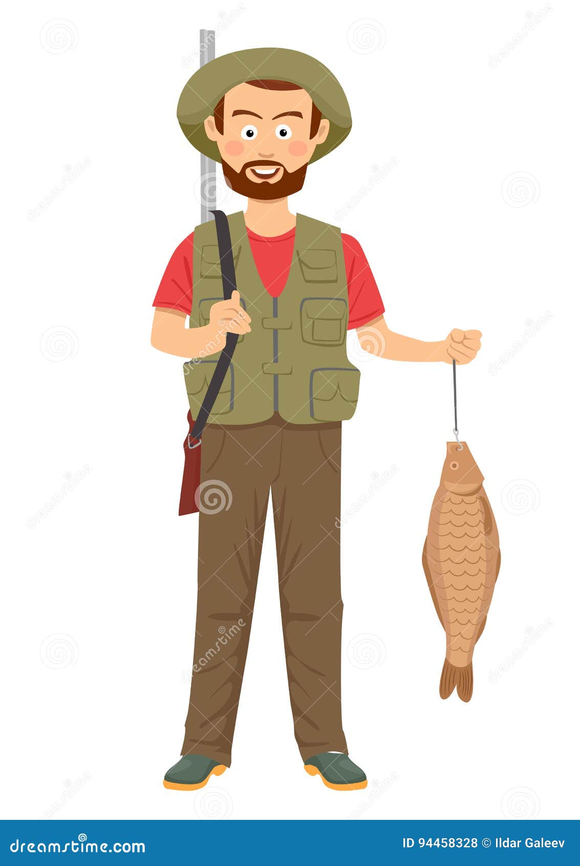 Happy Hunter with Shotgun and Fish in Hand Stock Vector - Illustration ...