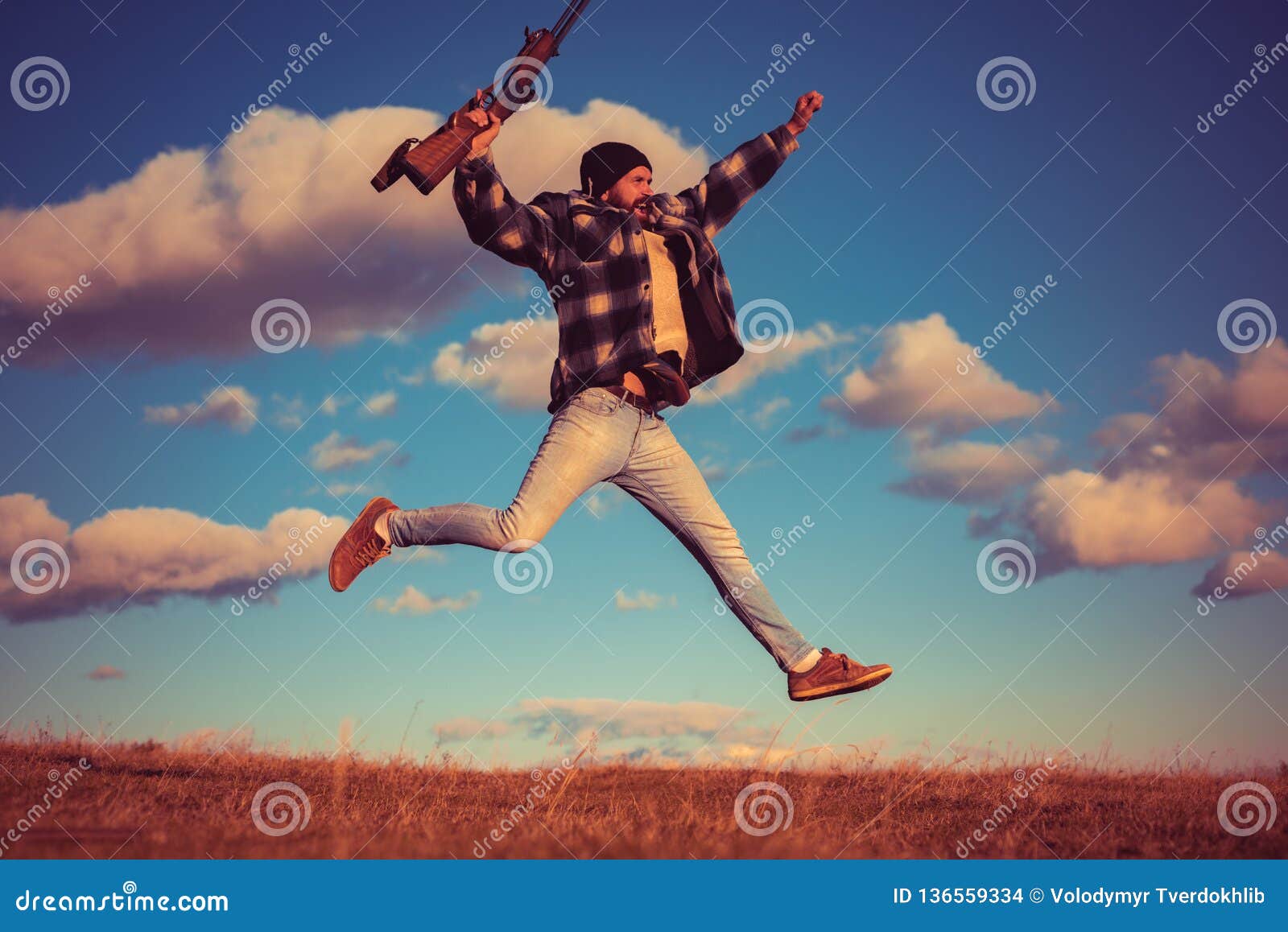 Happy Hunter. Hunter with Shotgun Gun on Hunt. Stock Photo - Image of ...