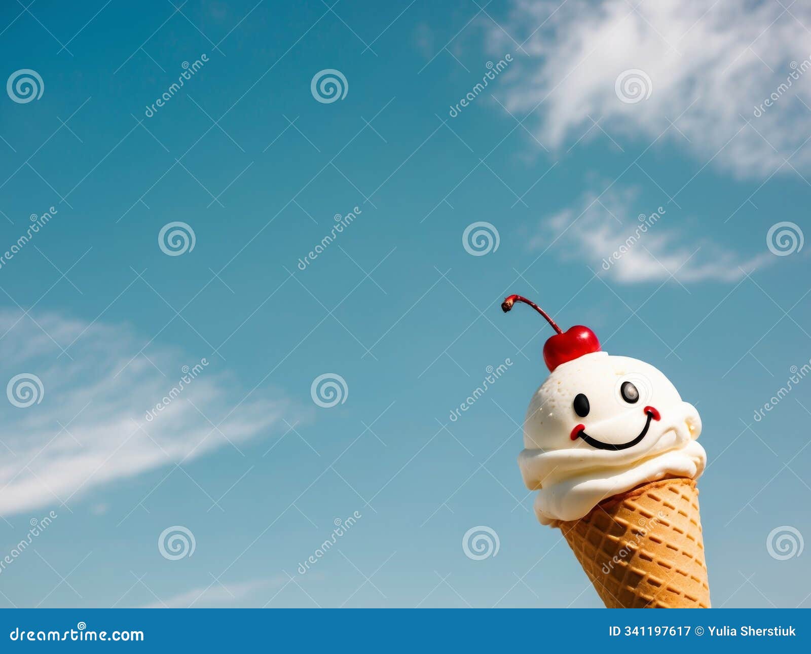 Happy Ice Cream Cone with Smiling Face in Clear Sky. Stock Image ...