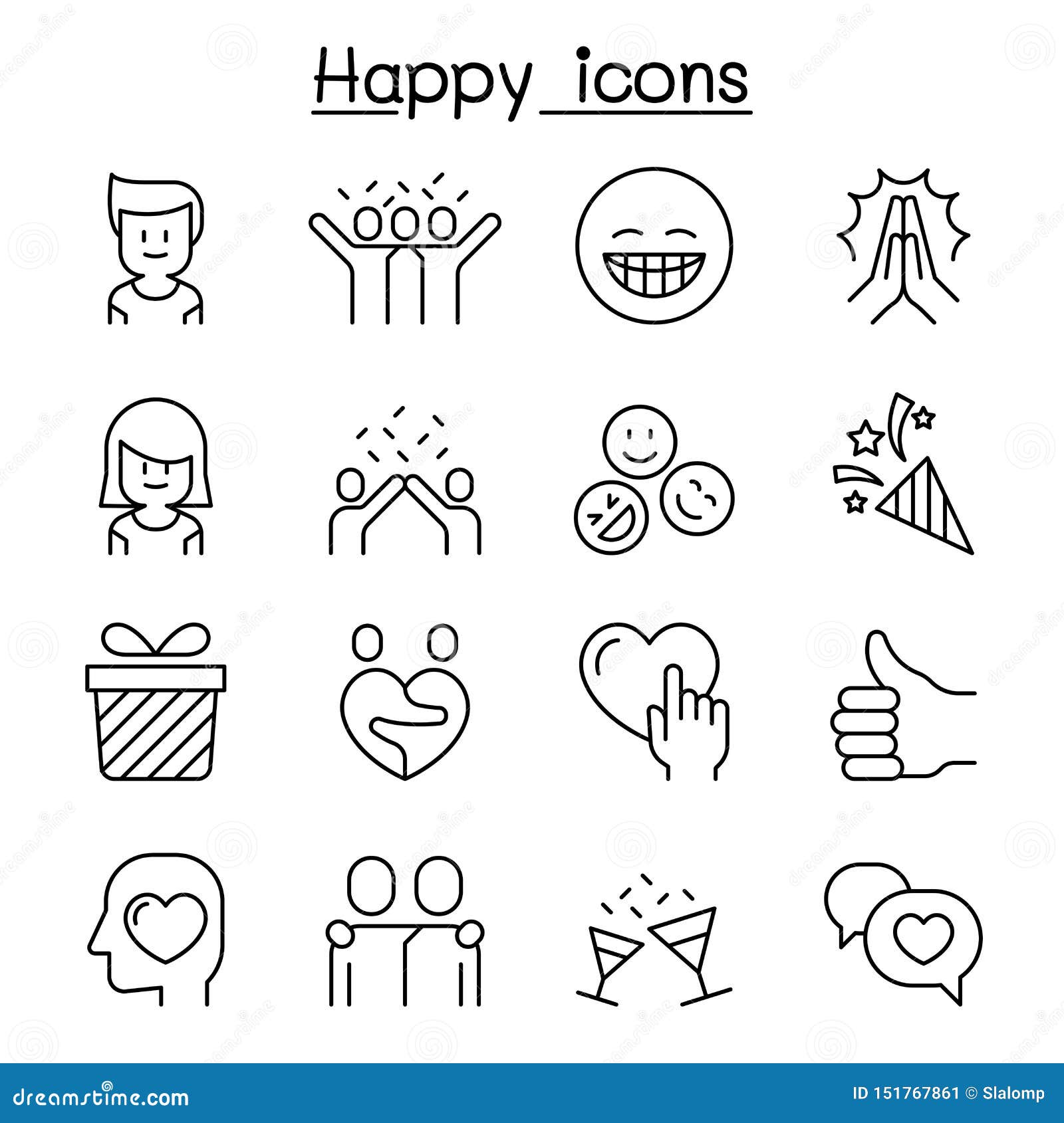 Happy Icon Set in Thin Line Style Stock Vector - Illustration of design ...