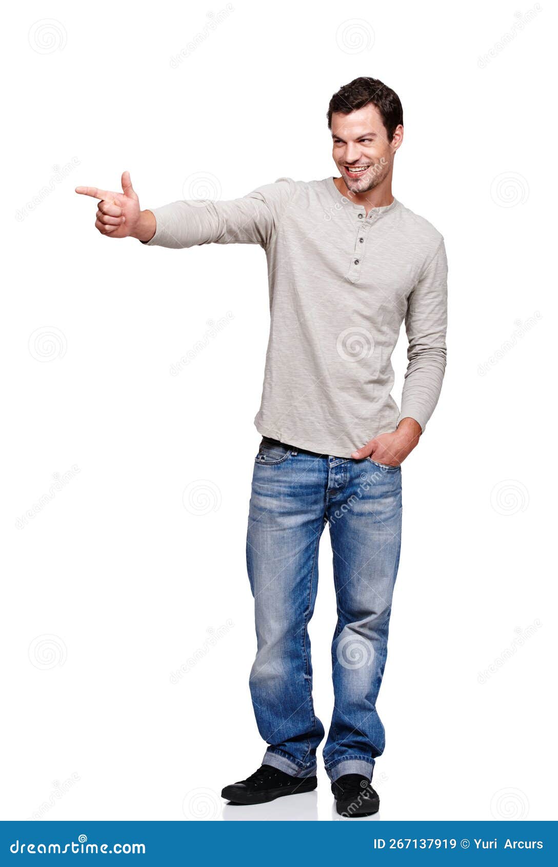 Happy, Idea and Man Pointing Hand in Direction with Excited, Curious ...