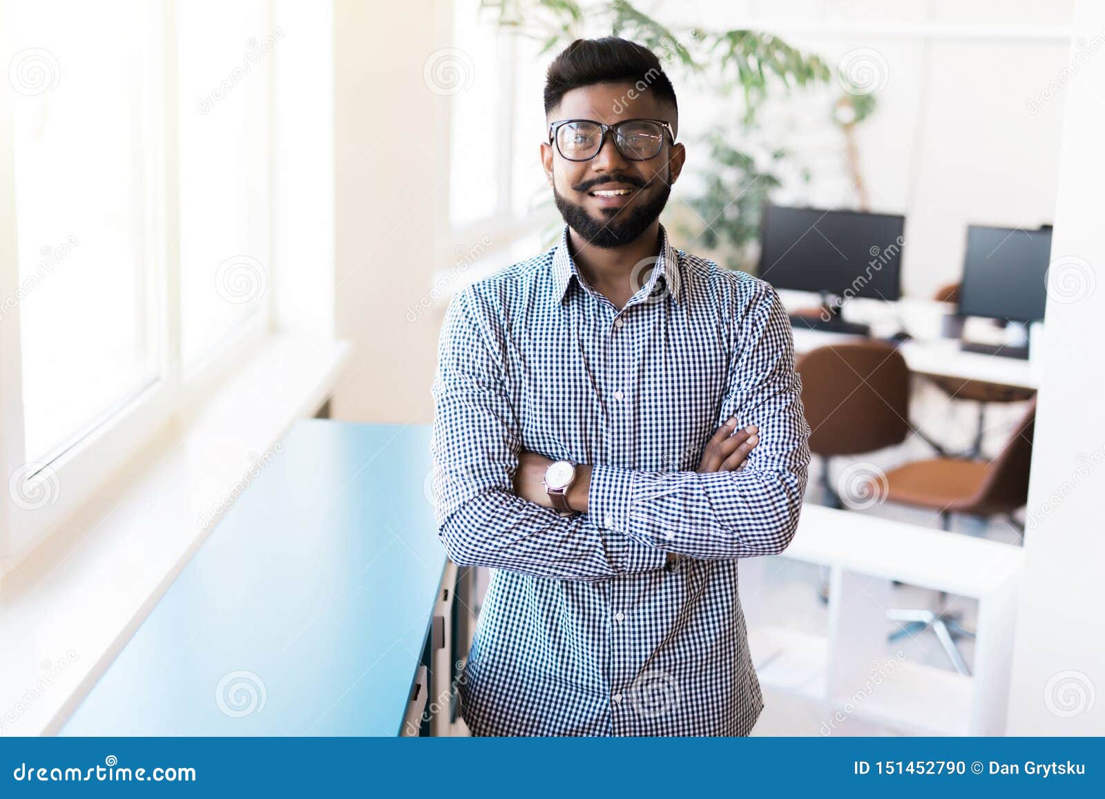 Happy Indian Business Man Standing in Modern Office Stock Photo - Image ...