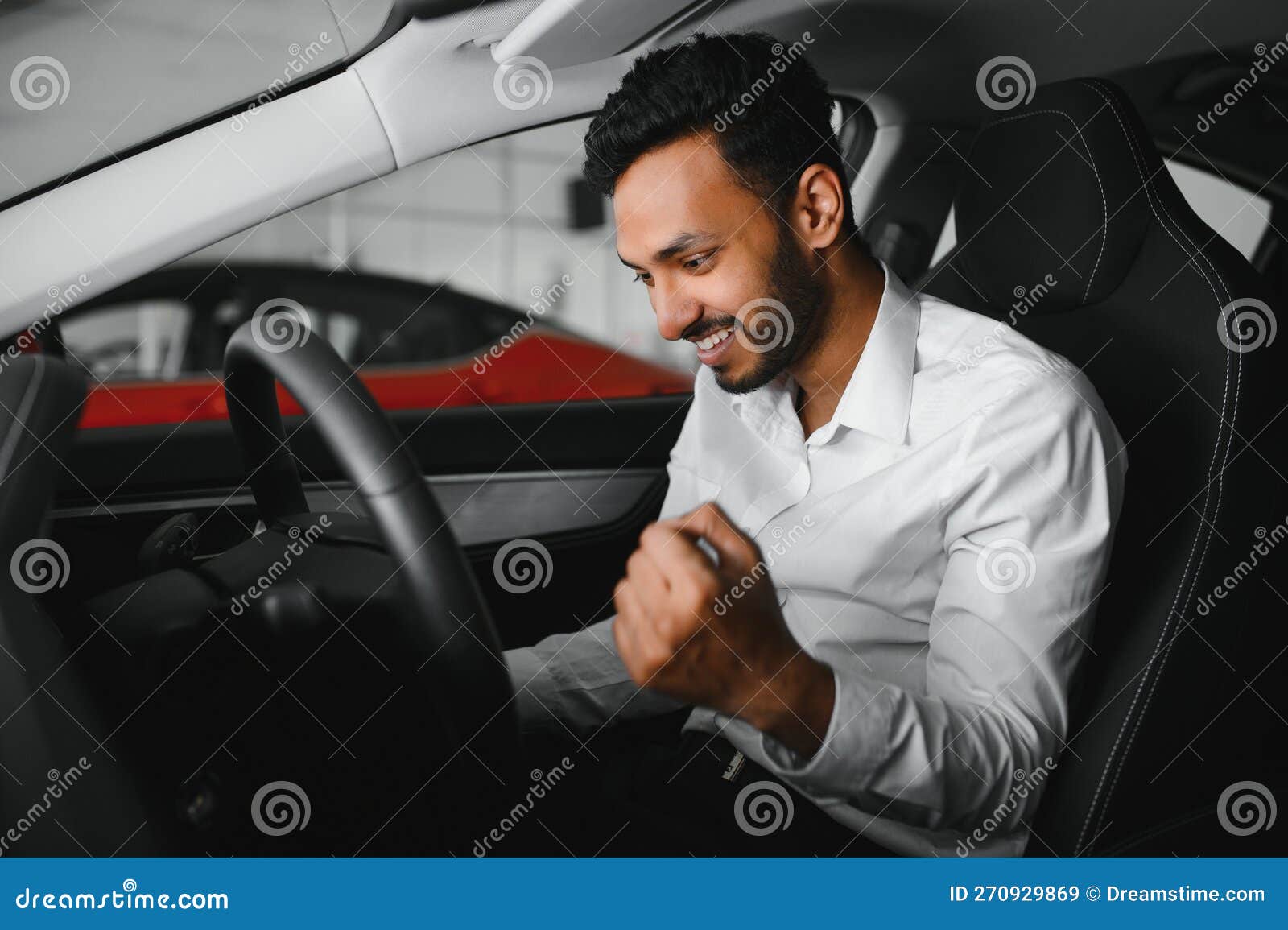 Happy Indian Man Checking Car Features at Showroom Stock Image - Image ...