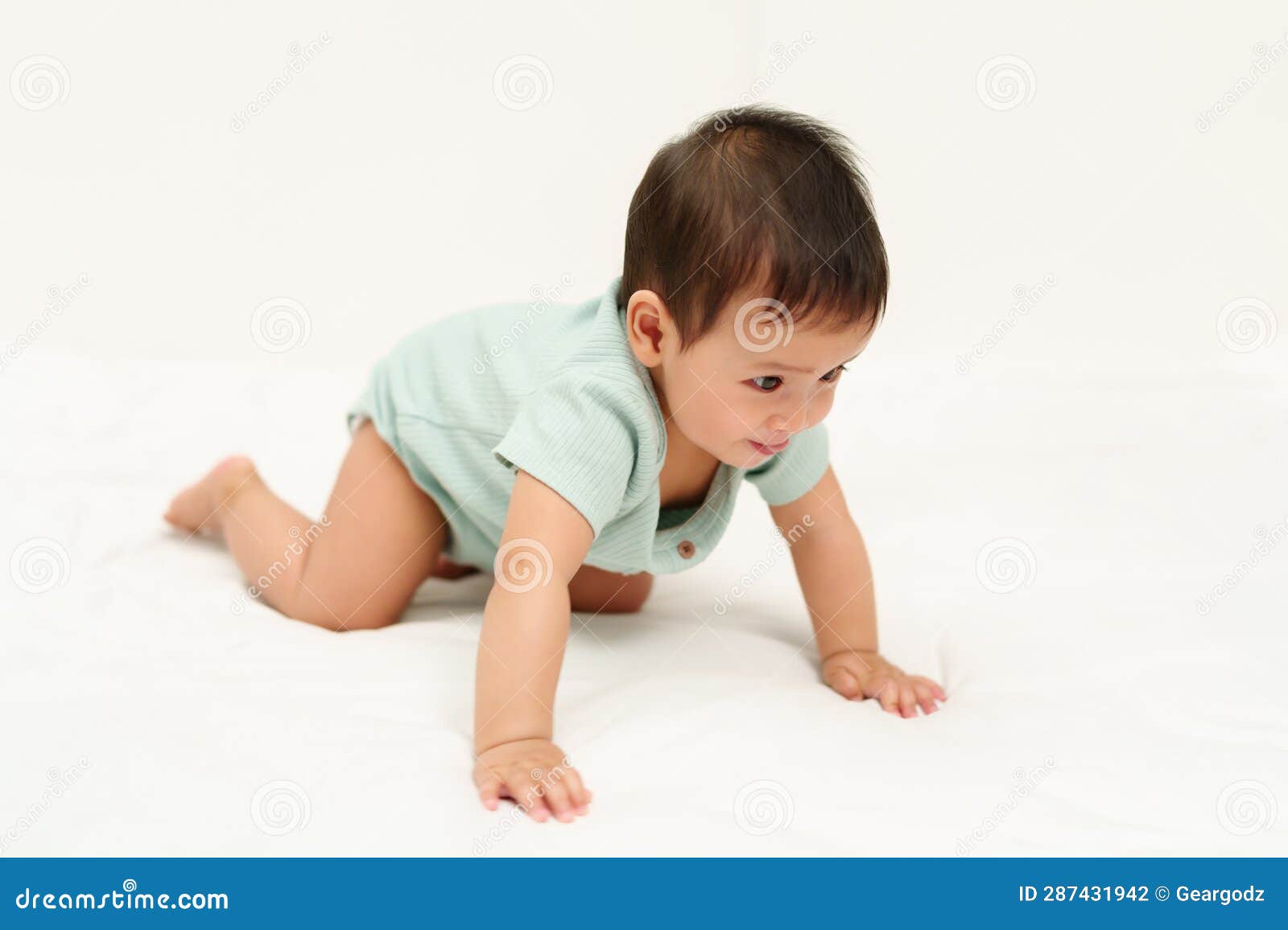 Happy Infant Crawling on Floor Inside Baby Playpen Stock Photo - Image ...