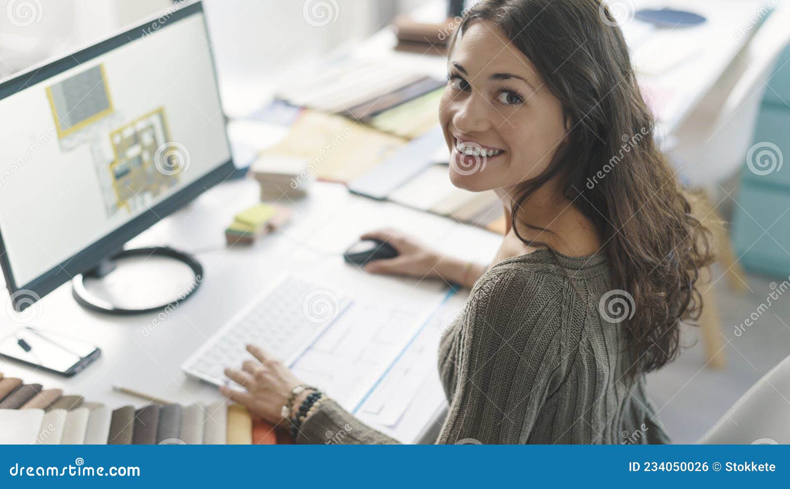 Smiling Interior Designer Working at Desk Stock Photo - Image of cloth ...