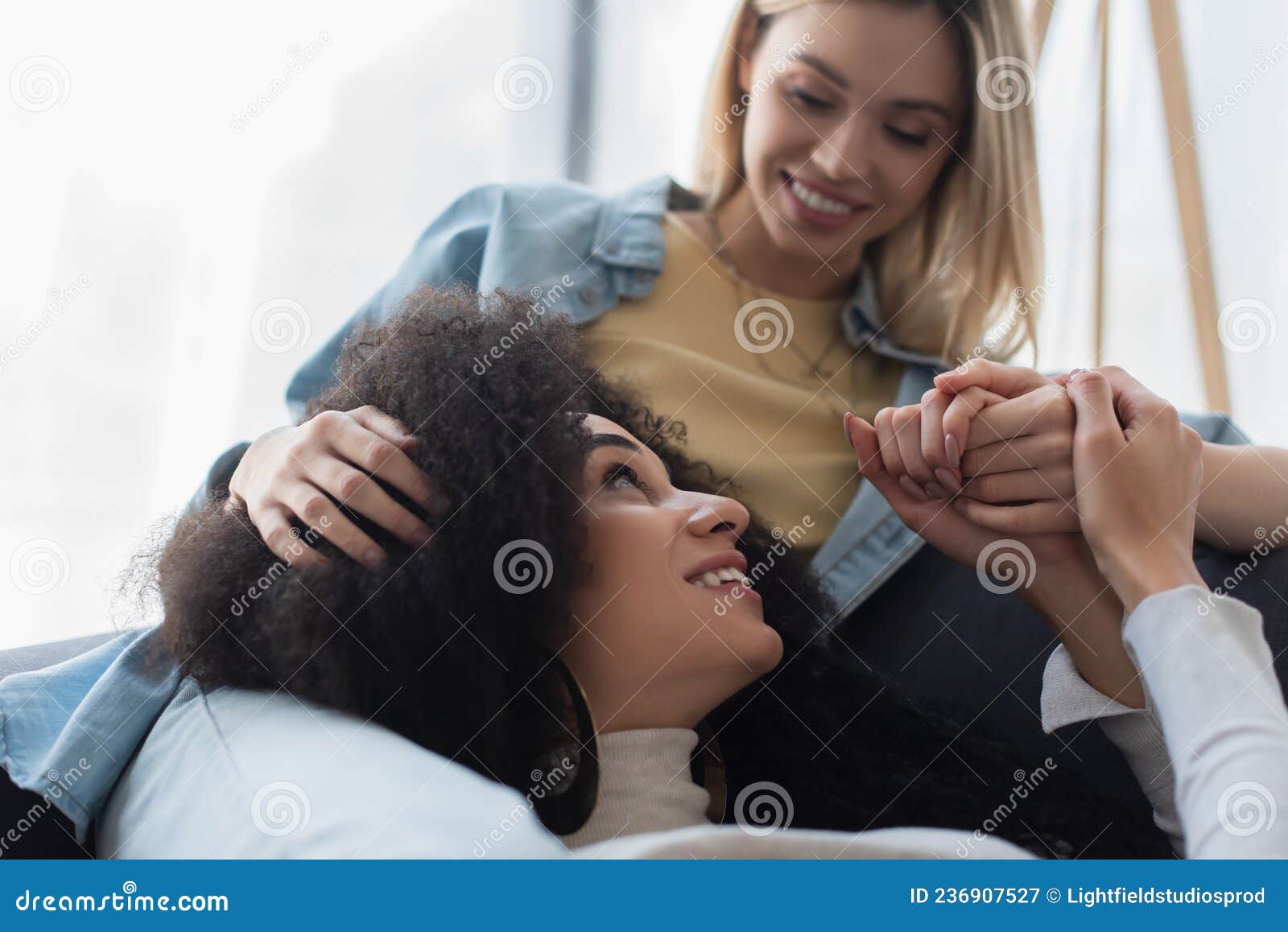 Happy Interracial Lesbian Women Holding Hands Stock Image Image Of