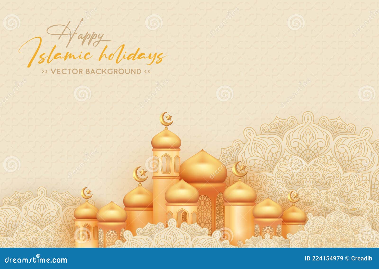 3D Golden Mosque Silhouette With Crescent Moon. Modern Islamic ...