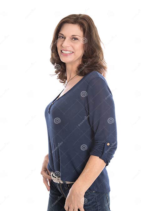 Happy Isolated Mature Woman In The Fifties Isolated Over White Stock