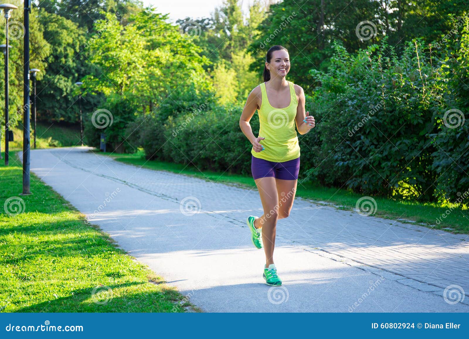 Happy Jogging Woman Running in Park Stock Photo - Image of adult ...