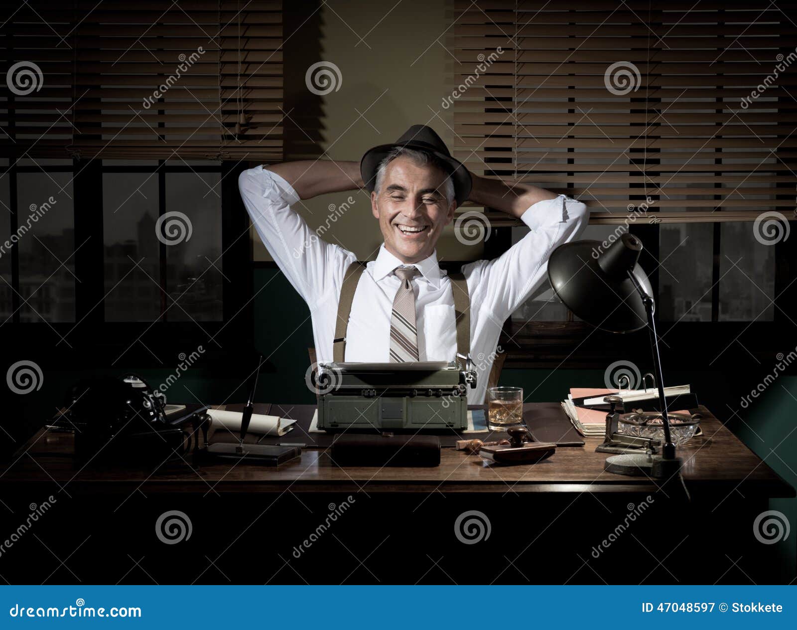 Happy Journalist Having a Break Late at Night Stock Image - Image of ...