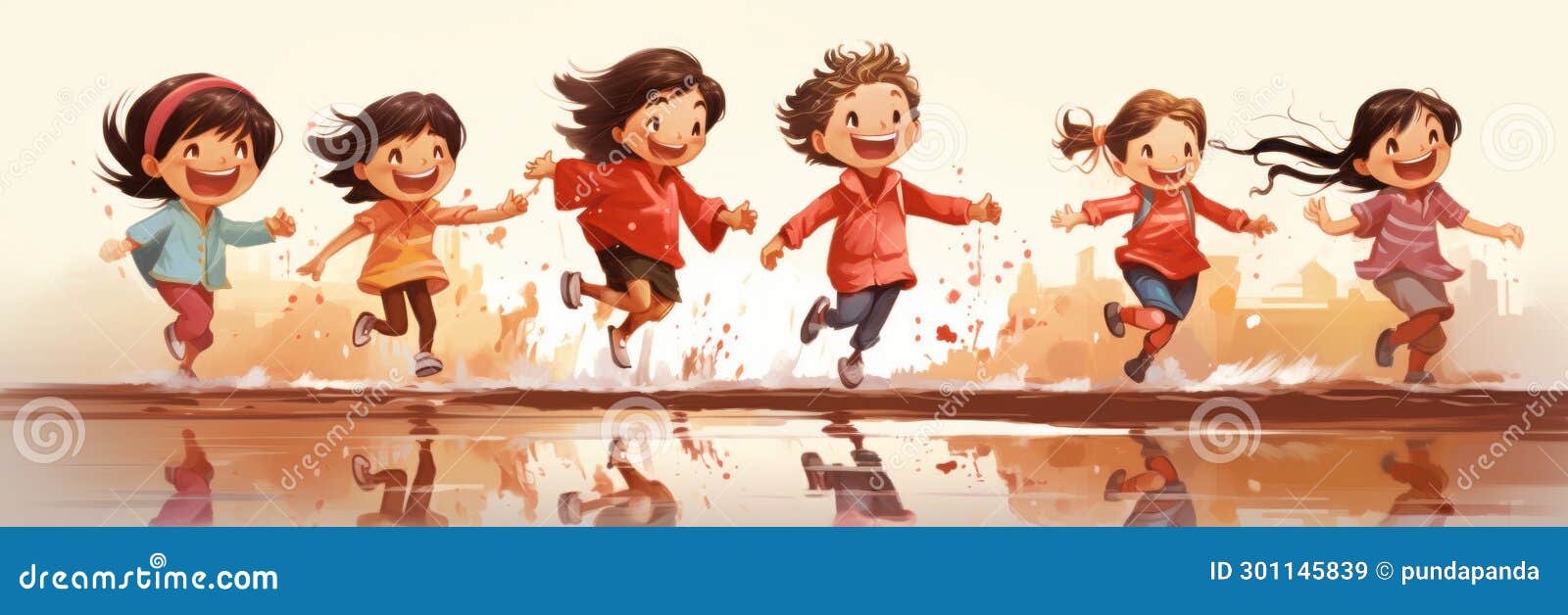 Happy Joyful Children Running through Puddles Stock Image - Image of ...