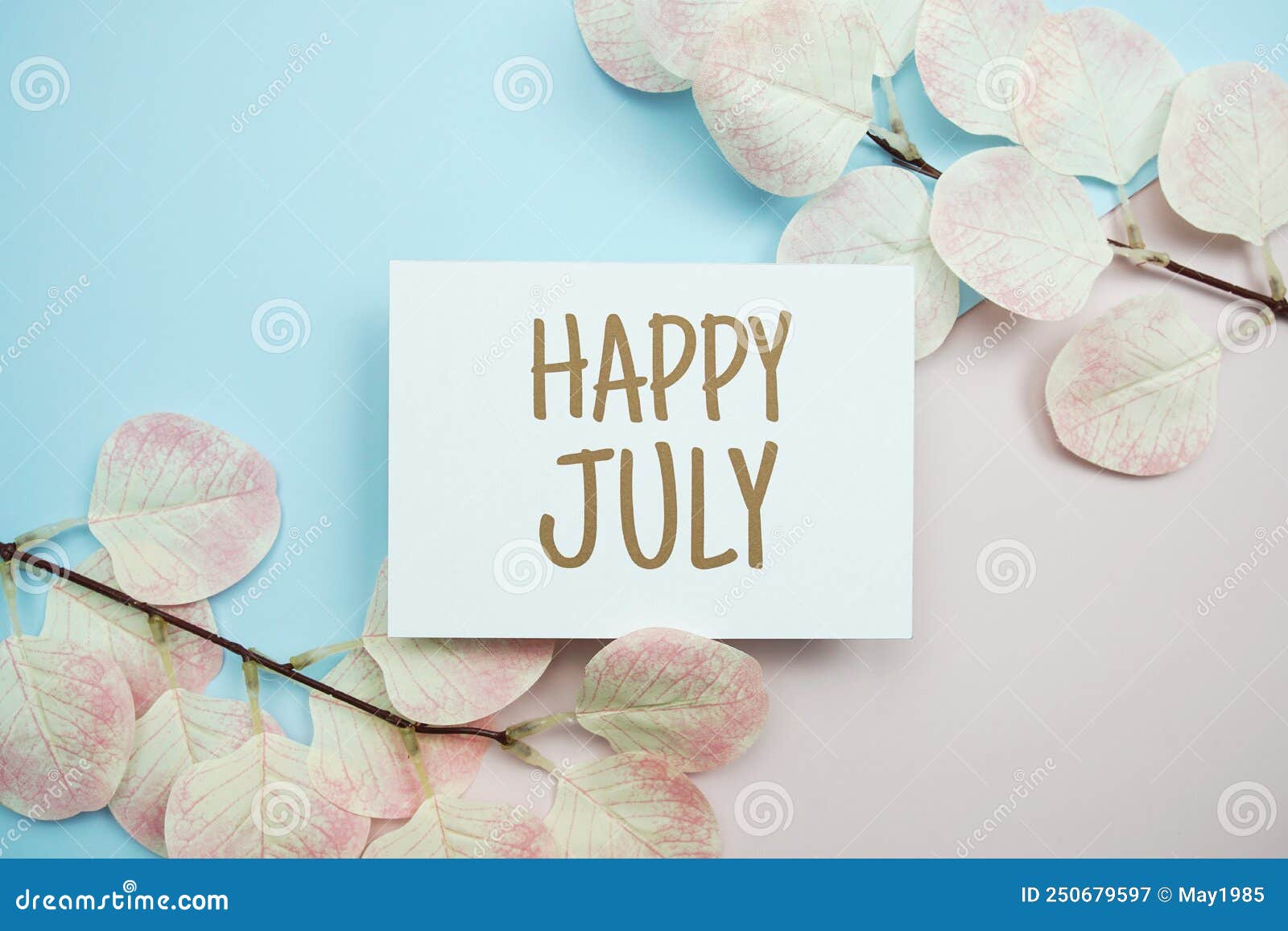 Happy July Text Message with Artificial Leave on Blue and Pink ...